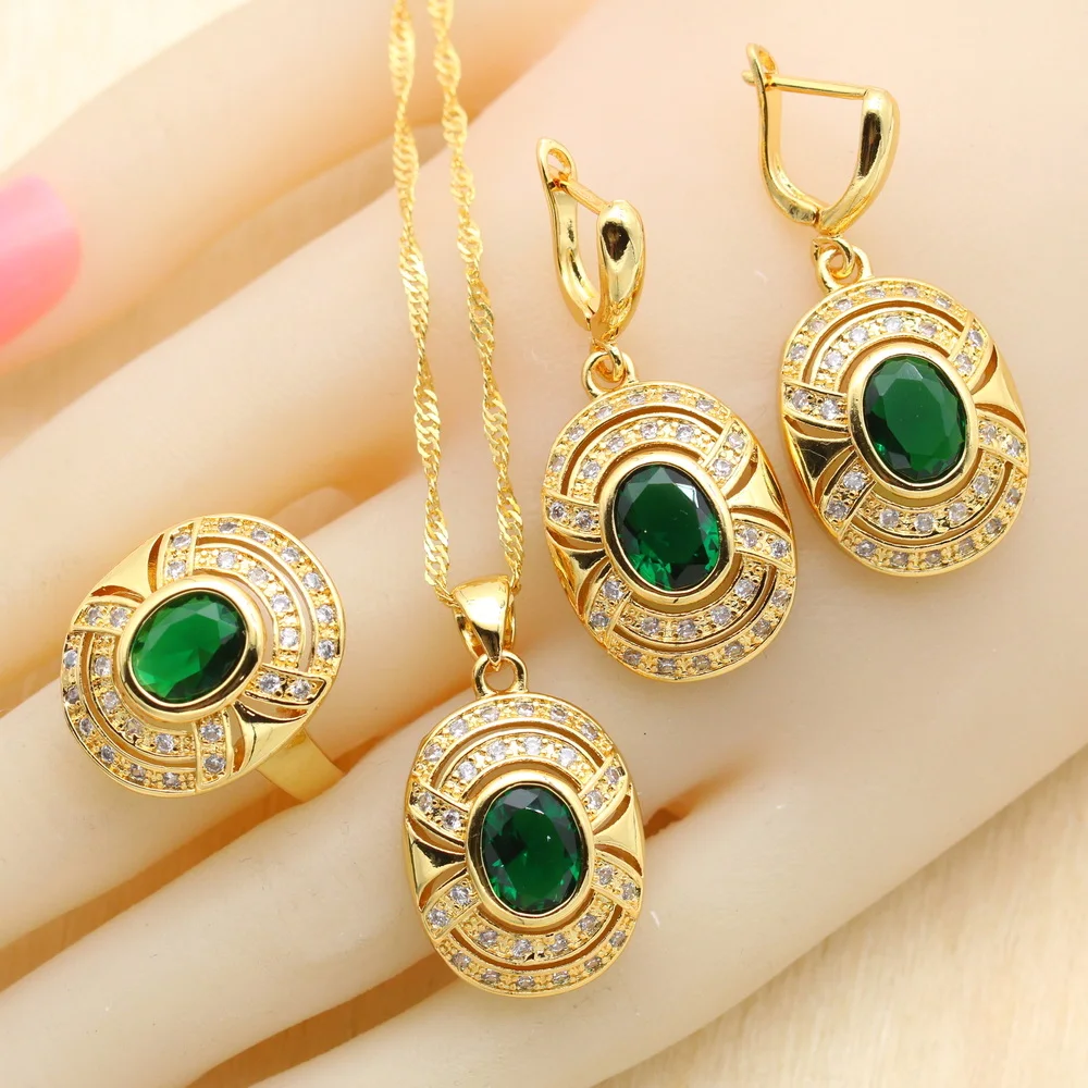 WPAITKYS Green Created Emerald White CZ Gold Color Jewelry Sets For ...