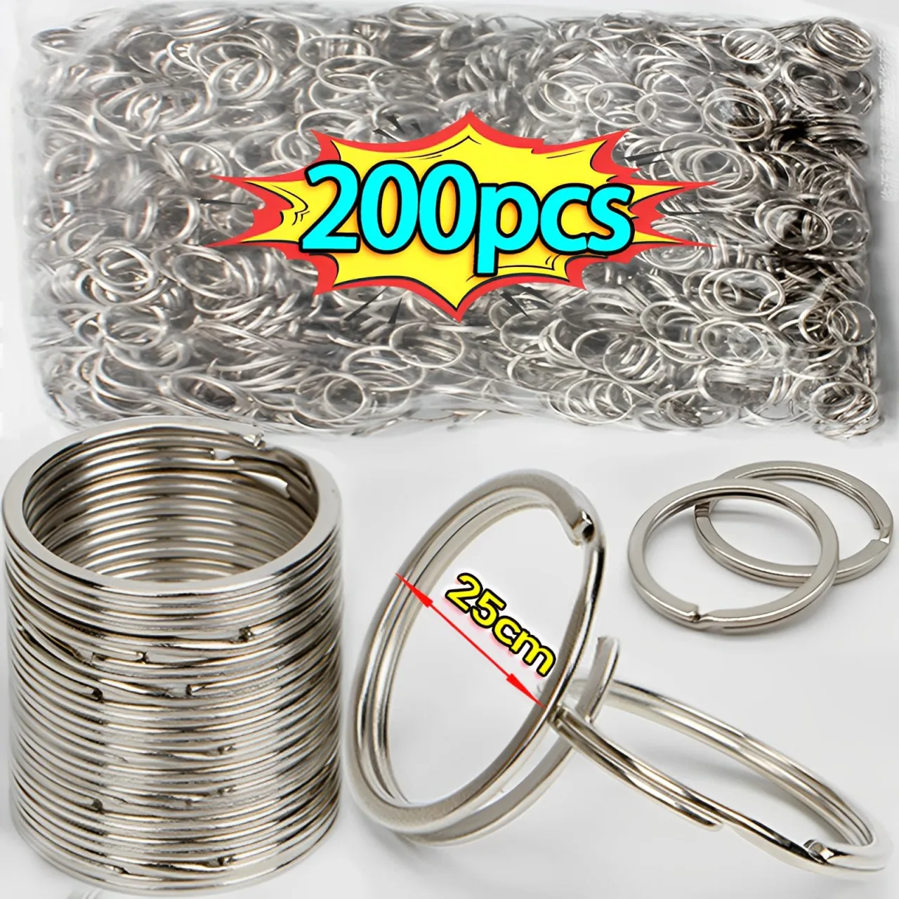 200-20Pcs-DIY-Polished-Silver-Keyring-Stainless-Steel-Hole-Round-Key ...
