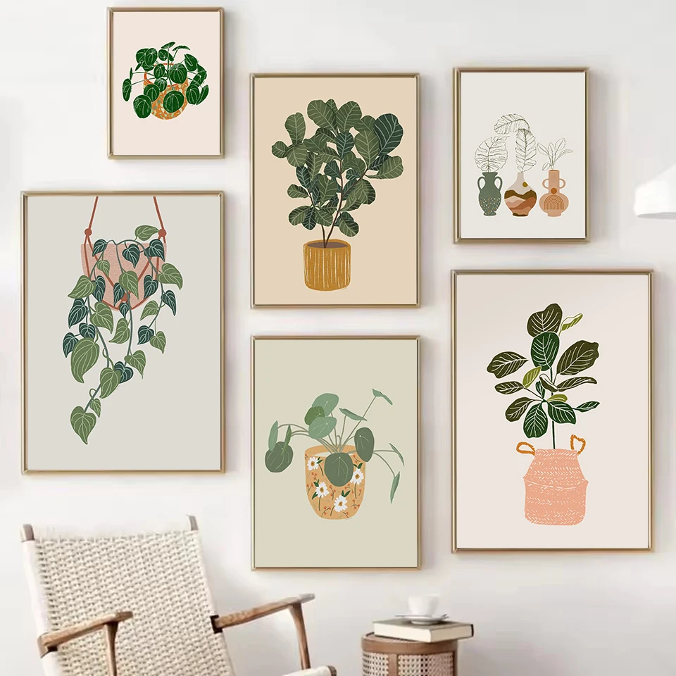 Boho Abstract Classic House Plant in Vase Green Floral Botanical Poster ...