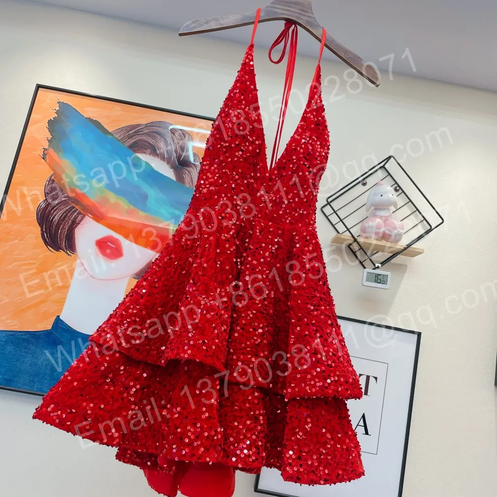 Sexy-Red-Halter-Short-Prom-Dresses-Sequined-Birthday-Party-Gowns ...