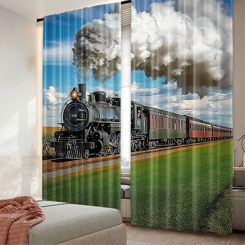 2Pcs Steam Engine Curtains Vintage Locomotive In Countryside Scenery ...