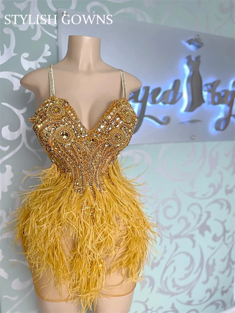 Luxury-Gold-Feather-Short-Prom-Dress-Beaded-Rhinestone-Birthday-Party-Dresses-For-Black-Girl ...