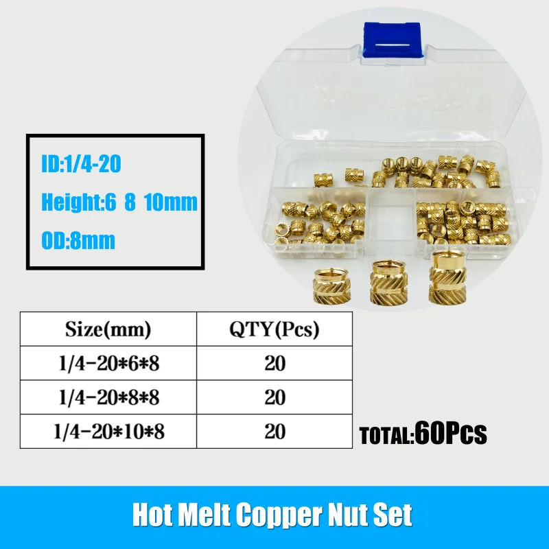 1/4 Brass Heat Set Insert Nut Inch Size Knurled Double Twill Hot Melt ...