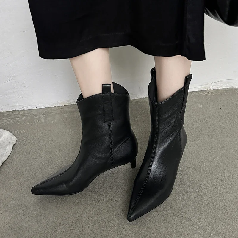 Botas-cortas-de-cuero-con-punta-estrecha-para-mujer-zapatos-de-tac-n ...