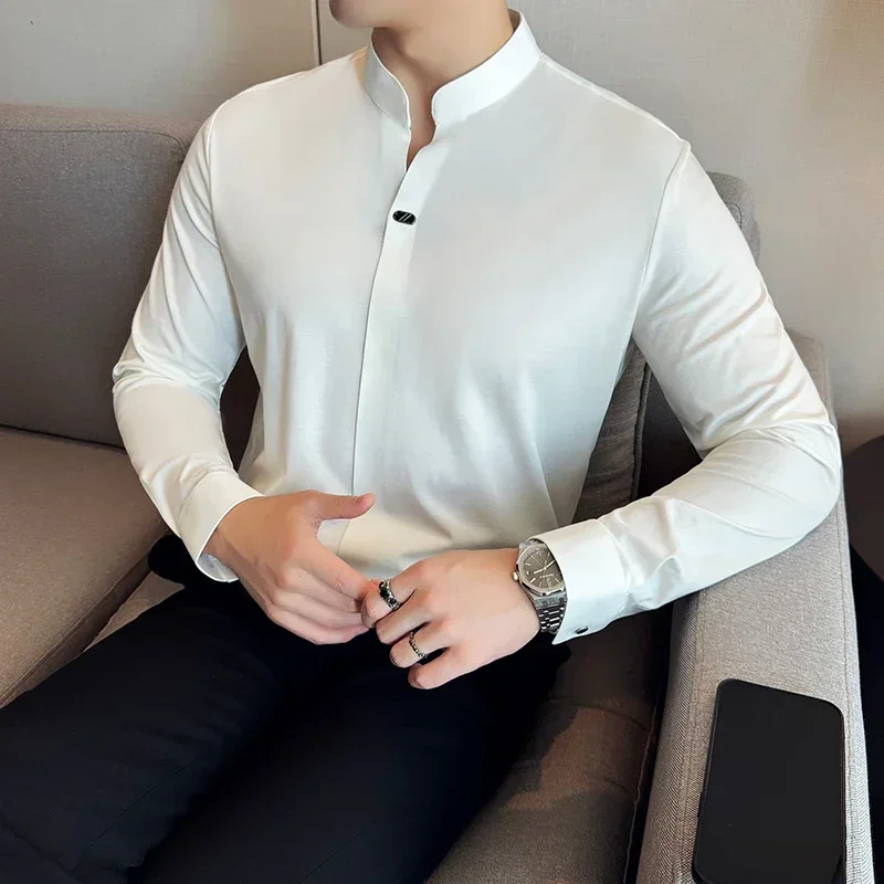 Men's High-End Elasticity Traceless Lapel T-shirt, Brown Slim Top, New ...