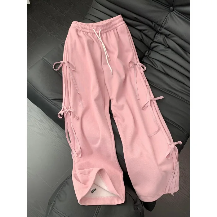 Trendy American Y2K Bow Knot High Waist Pink Sports Pants Spring and ...