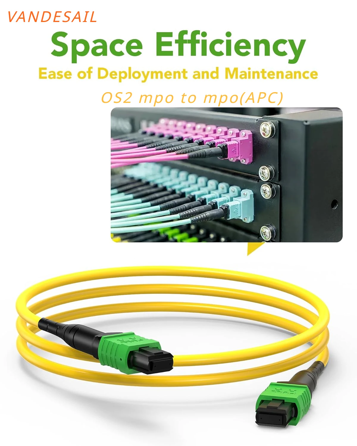 VANDESAIL-MPO-to-MPO-APC-Fiber-Cable-2M-10G-40G-OS2-Single-Mode-8 ...