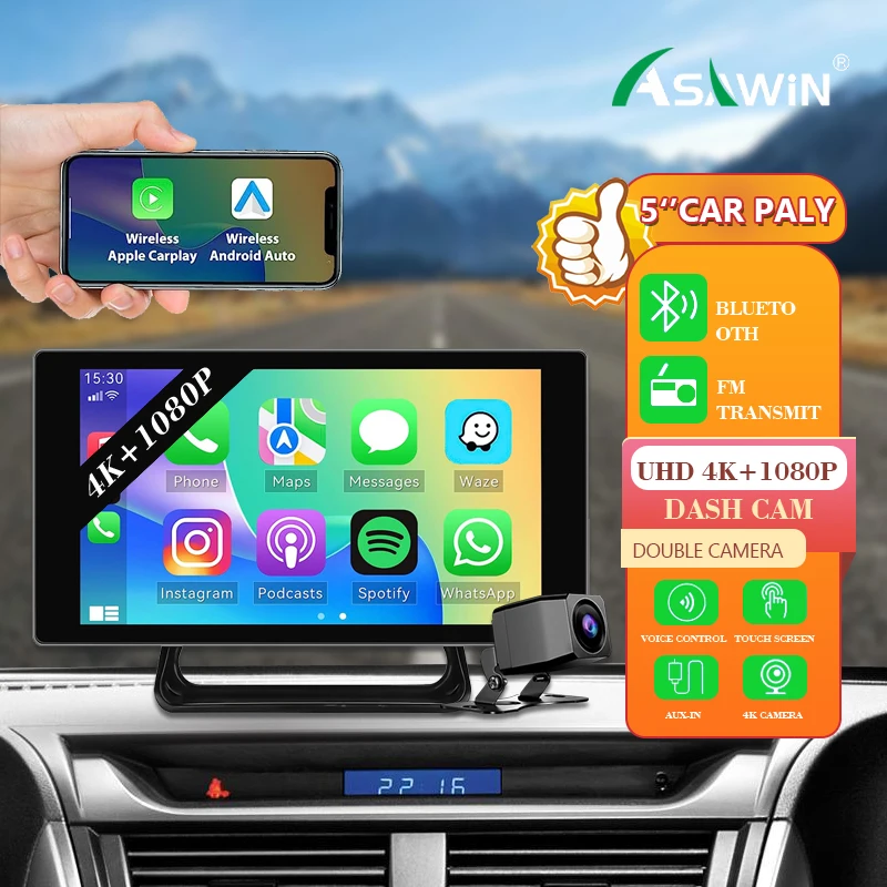 Asawin Carplay 4K Dash Cam WIFI Android Apple Voice Control Bluetooth Call FM 5 In Front and ...