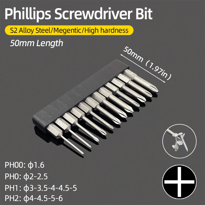 50mm Phillips Screwdriver Bit PH00/PH0/PH1/PH2 1/4” Hex Shank Magnetic ...