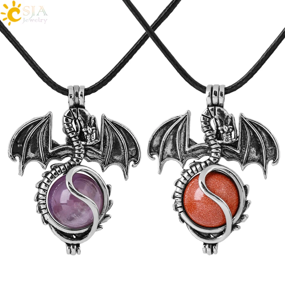 CSJA Vintage Drachen Halskette 16mm Natürliche Stein Kristall Anhänger Halsketten für Frauen ...