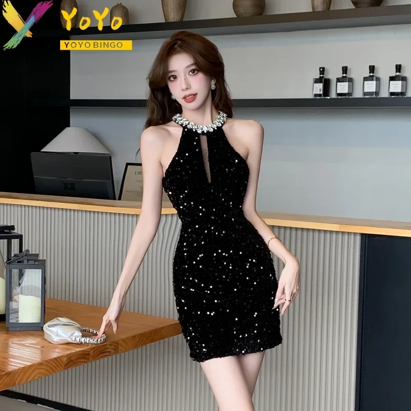 Elegant-Black-Velvet-Sequin-Diamond-Sleeveless-Hanging-Neck-Bodycon ...