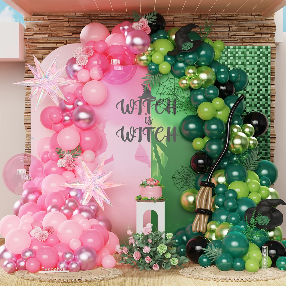 Pastel Pink Green Balloon Garland Kit Witch Broom Iridescent Exploding ...