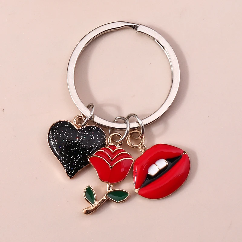 Fashion-Rose-Flower-Keychain-Enamel-Love-Heart-Red-Lips-Key-Chains ...