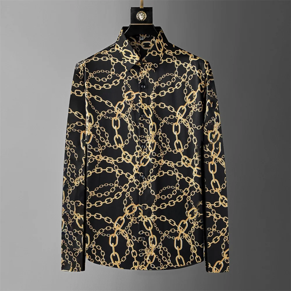 Vintage-Chain-Printed-Shirt-for-Men-Luxury-Long-Sleeved-Casual-Business ...