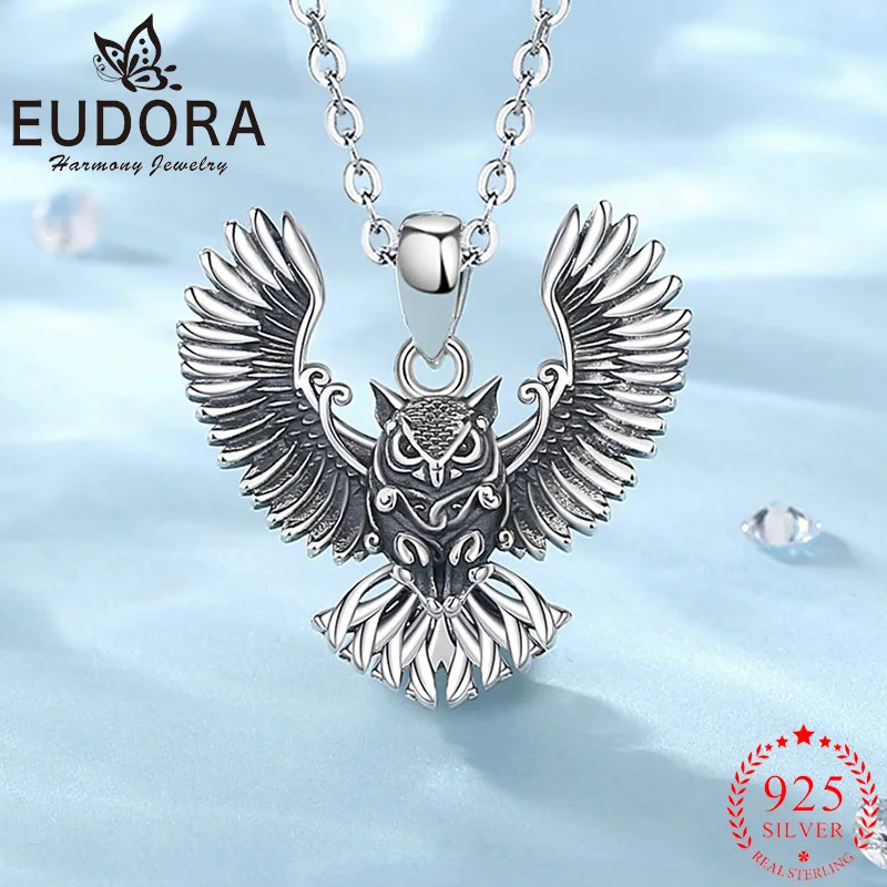 Eudora Real 925 Sterling Silver Owl Necklace Animal Wing Cool Pendant ...