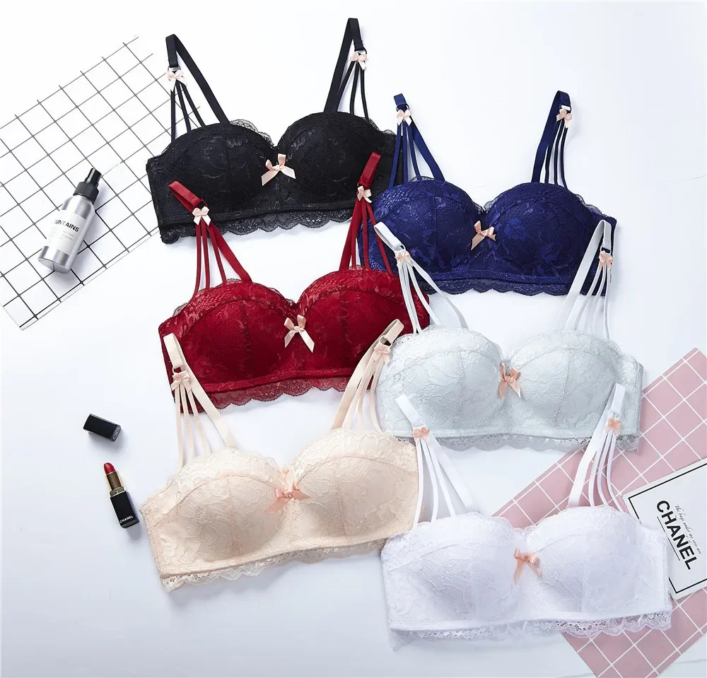 Women-Bra-New-Lace-Rimless-Bra-Small-Chest-Half-Cup-Butterfly-knotted ...
