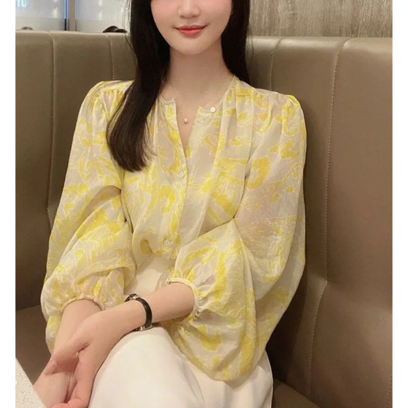 Spring-Autumn-New-Women-s-French-Style-Blouse-Crew-Neck-Printed-Button ...