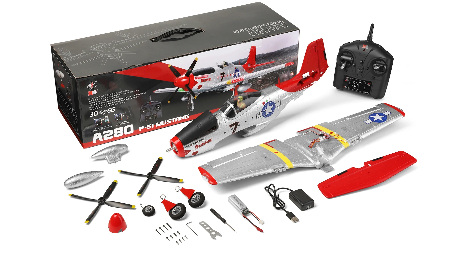 WLtoys A280 Brushless Motor RC Airplane - P51 Fighter Simulator 2.4G 3 ...