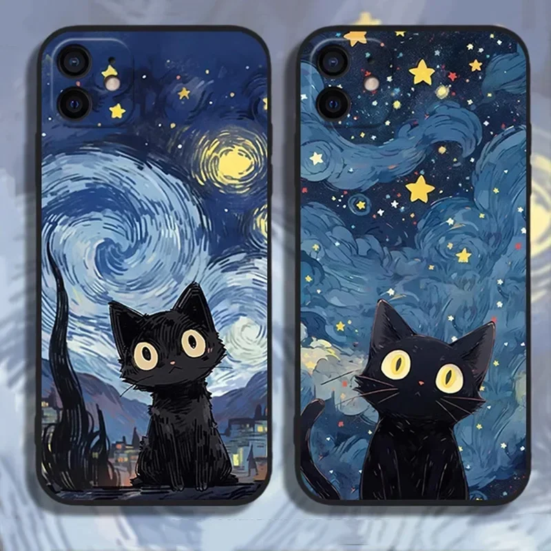 Artistic Black Cat Starry Night Phone Case For iPhone 16 15 14 13 12 11 ...