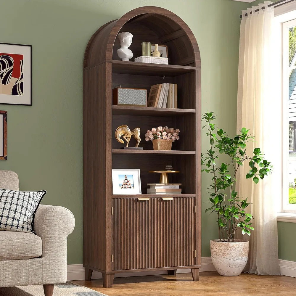 6-Tier Tall Arched Wooden Bookcase with Fluted Doors and Adjustable ...