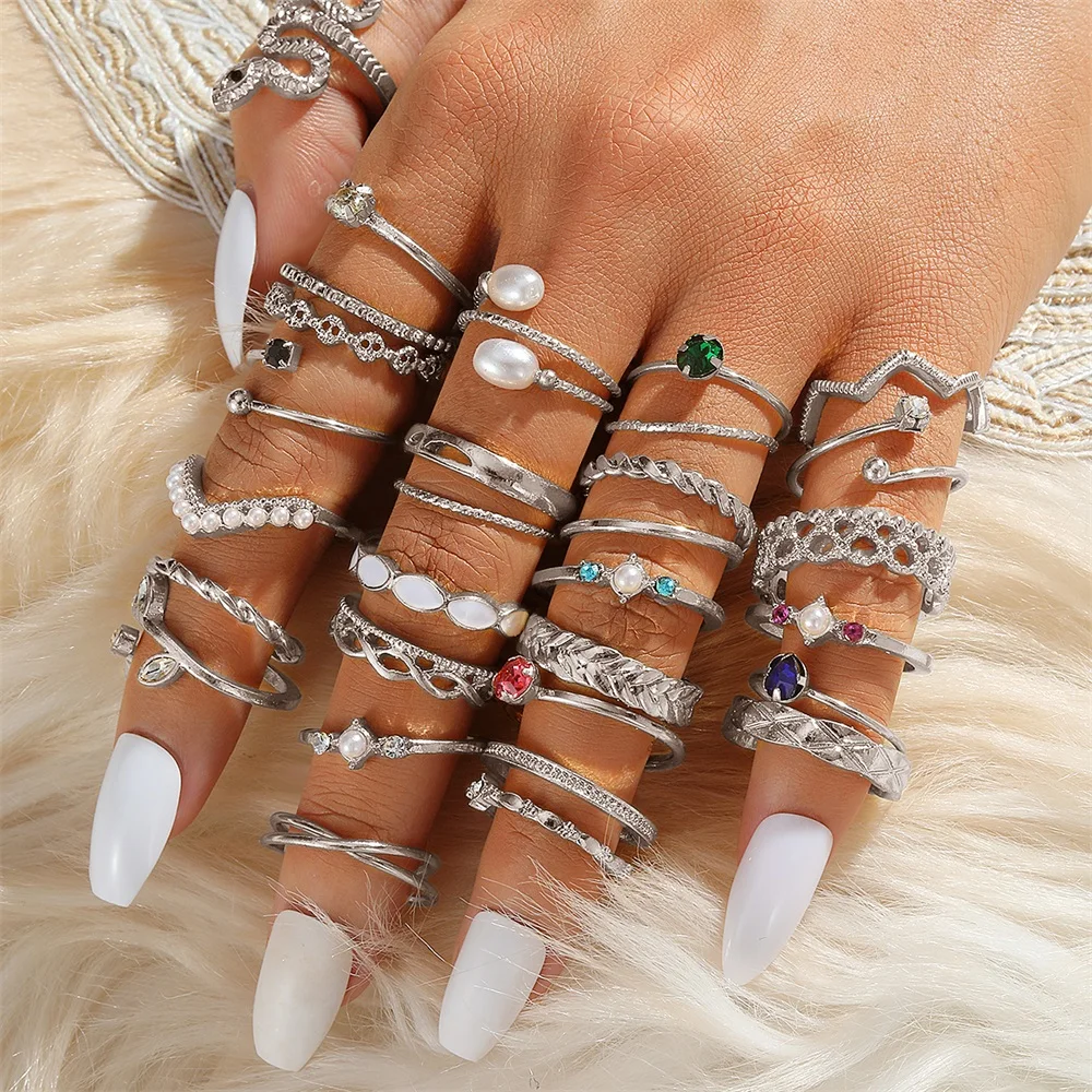 EN-Bohemia-Colorful-Crystal-Pearl-Rings-For-Women-Leaves-Snake-Hollowed ...