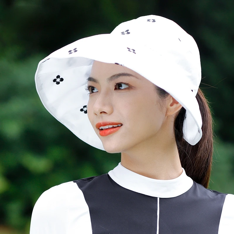 My 여성용 골프 모자 흰색 모자 꽃무늬 프린트 모자 큰 챙 자외선 차단 스포츠 모자 통기성 부드러운 골프웨어