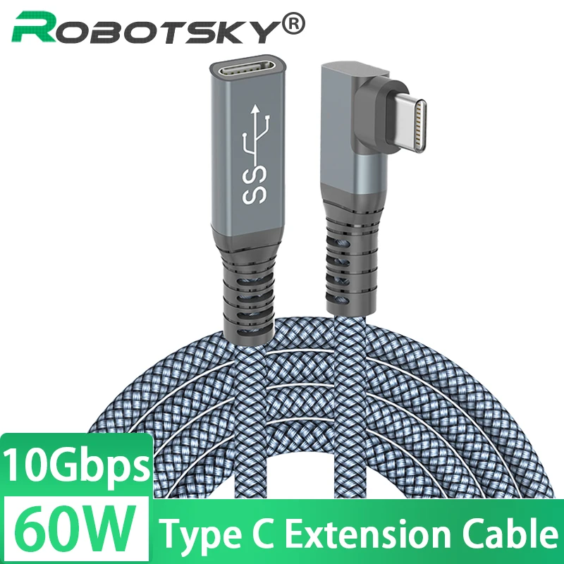 USB-C-Type-C-Extension-Cable-90-Degree-Elbow-10Gbps-Data-Cord-PD-60W ...