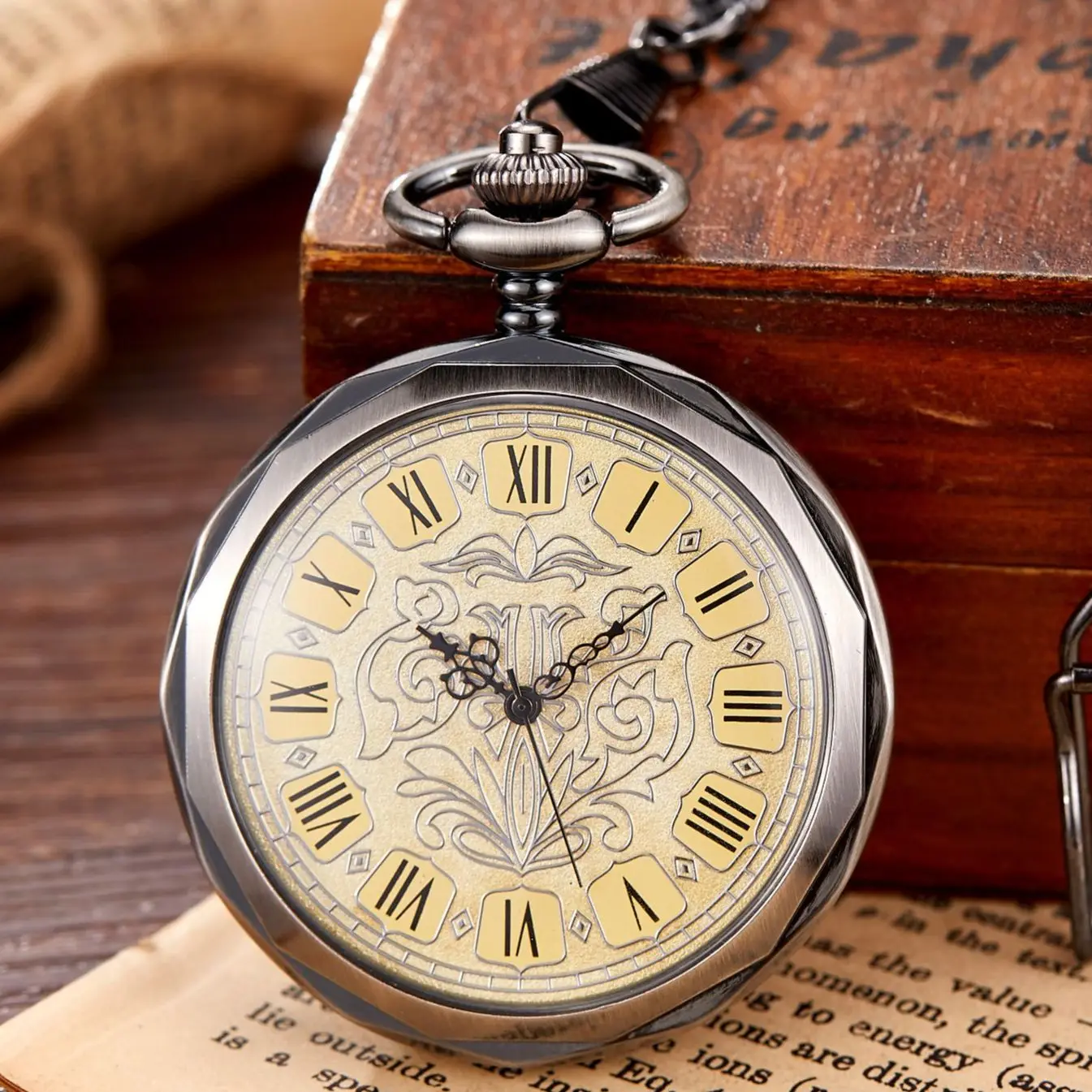 Hexagonal Mechanical Pocket Watch Golden Sliver Bronze Hollow Fob Chain ...