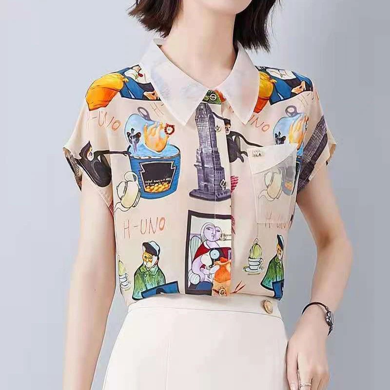 Woman's Cartoon Printed Button Blouses Summer New Fashion Female ...