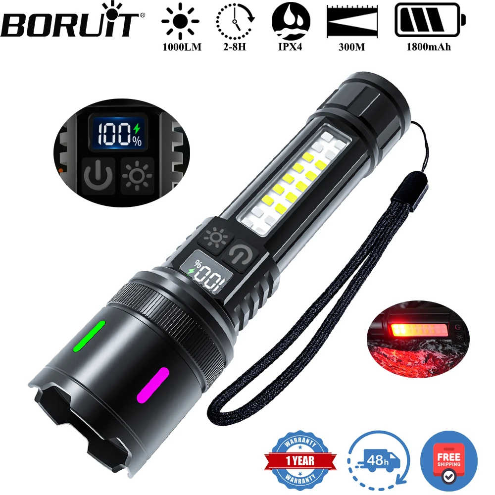 BORUiT 1000LM LED Zoomable Flashlight Type-C Rechargeable 1800mAh Torch ...