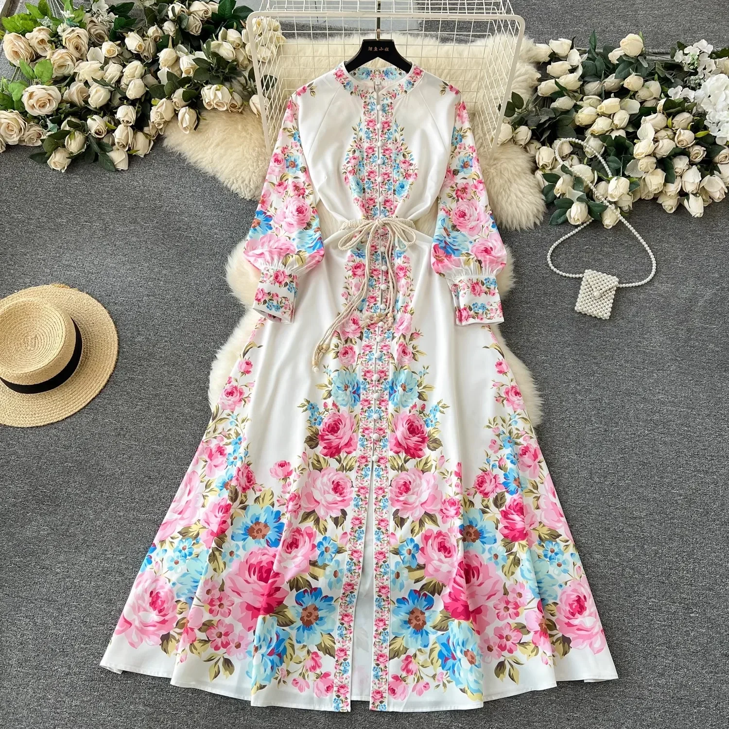 Elegant-Gorgeous-Print-Flow-Dresses-Women-Stand-Collar-Long-Lantern ...