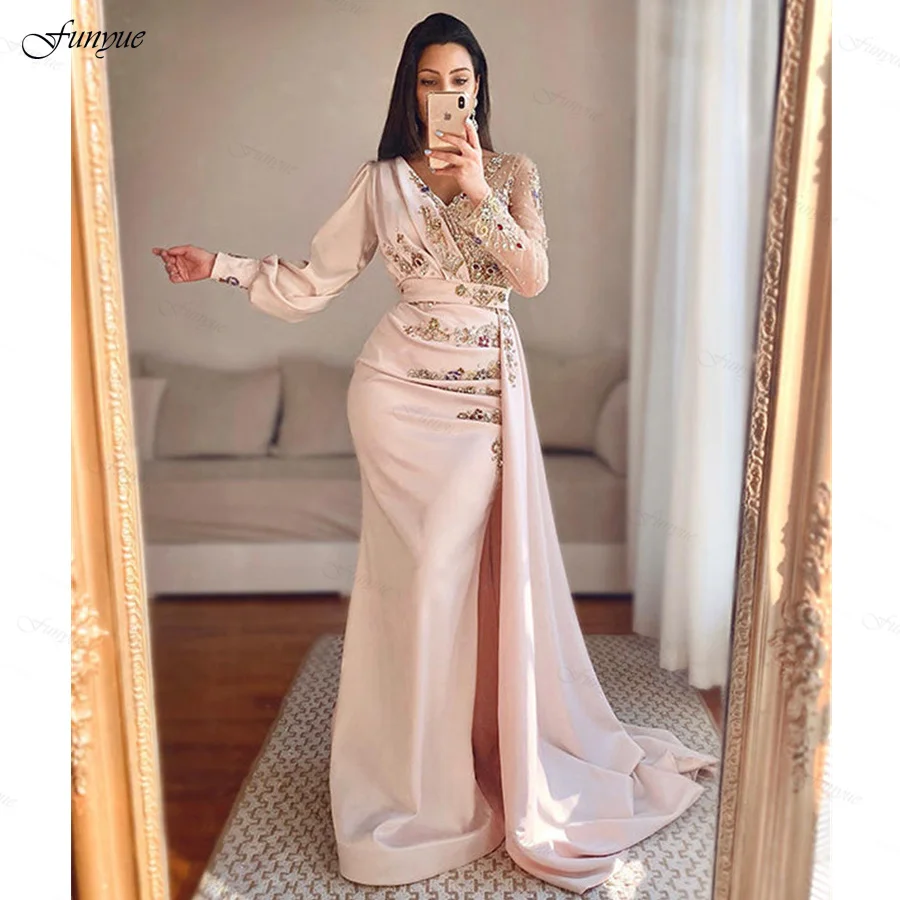 Classic Pink Mermaid Muslim Evening Gowns Full Sleeves 2022 V-neck ...