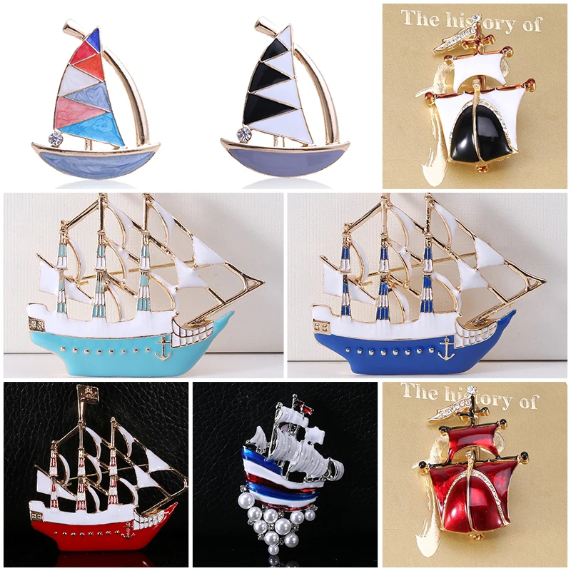 Dmari Women Brooch Vintage Enamel Sail Boat Caribbean Pirate Ship Lapel ...