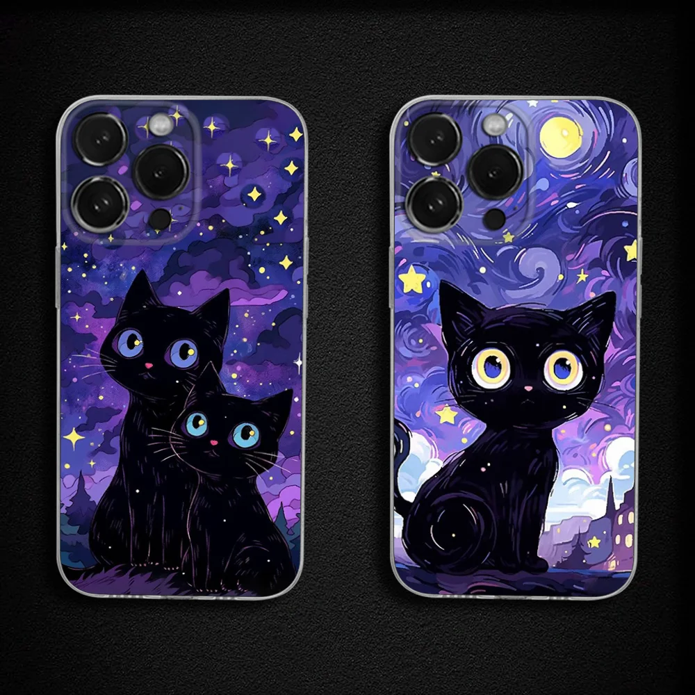 Art Black Cat Starry Night Phone Case For iPhone 16,15,14,13,12,11 Plus ...