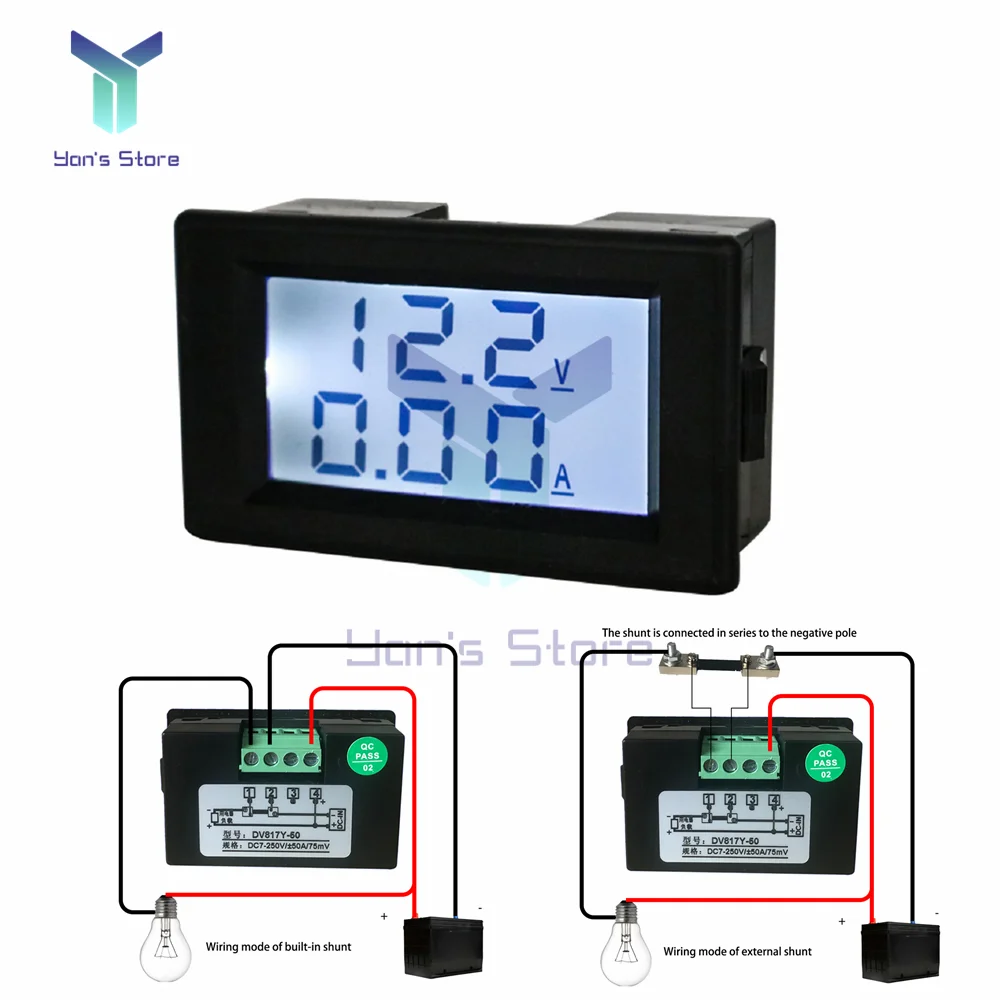 3-Digit LCD Display Digital Voltmeter Ammeter DC 7-250V 1A 5A 50A 100A ...
