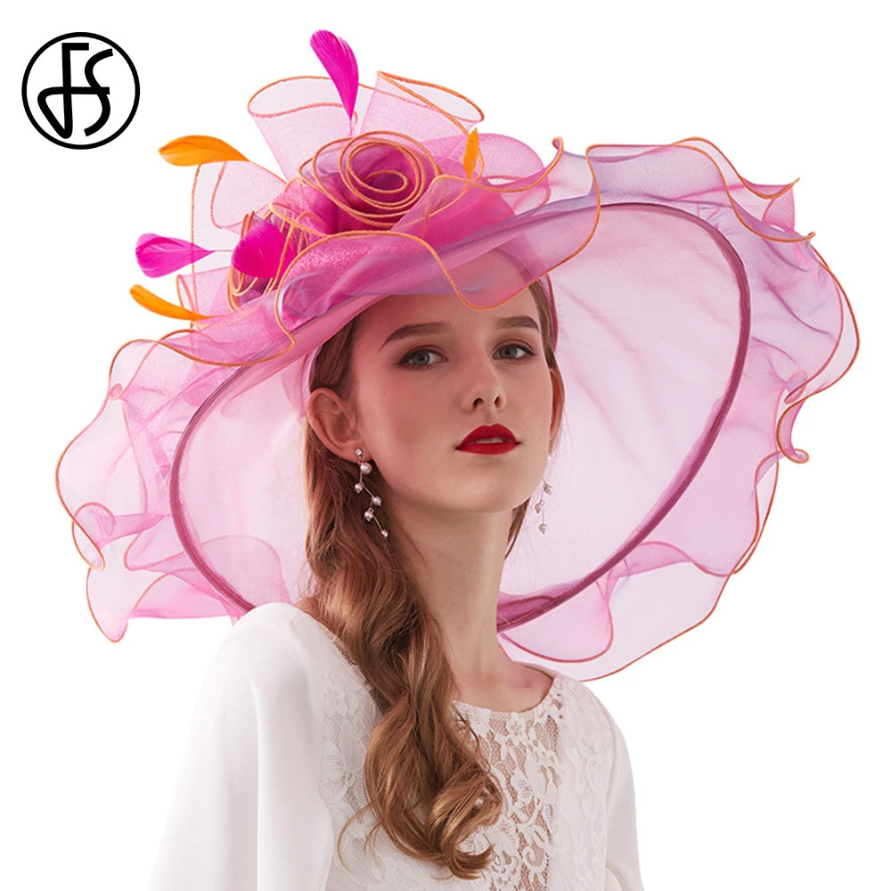 FS Organza Derby Hats For Women Wide Brim Beach Sun Cap Big Flowers ...