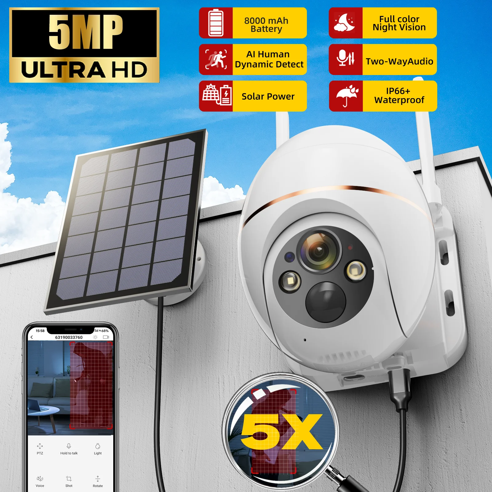 5MP-PTZ-Solar-Power-Camera-WiFi-IP-Outdoor-IP66-8000mAh-Low-Comsunption ...