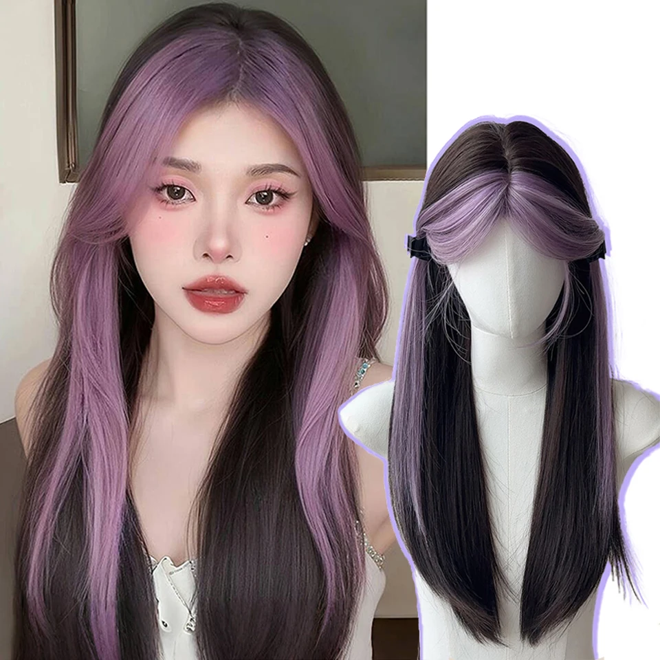 FORLISEE-Wig-Female-Long-Hair-Temperament-Middle-Parting-Thin-Purple ...