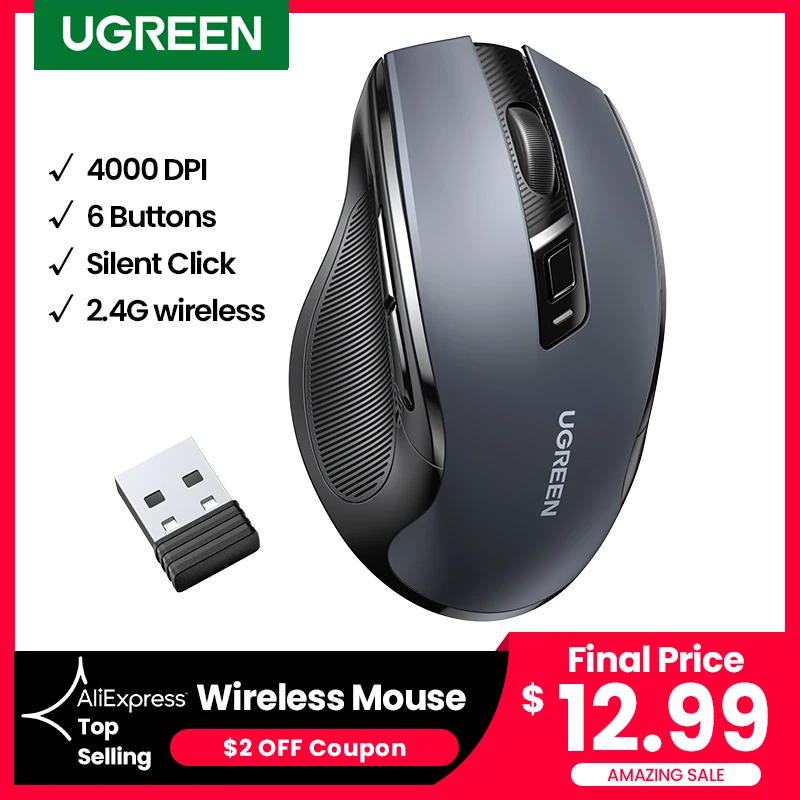 【Top Sale】UGREEN Mouse Wireless Ergonomic Mouse 4000 DPI Silent 6 ...