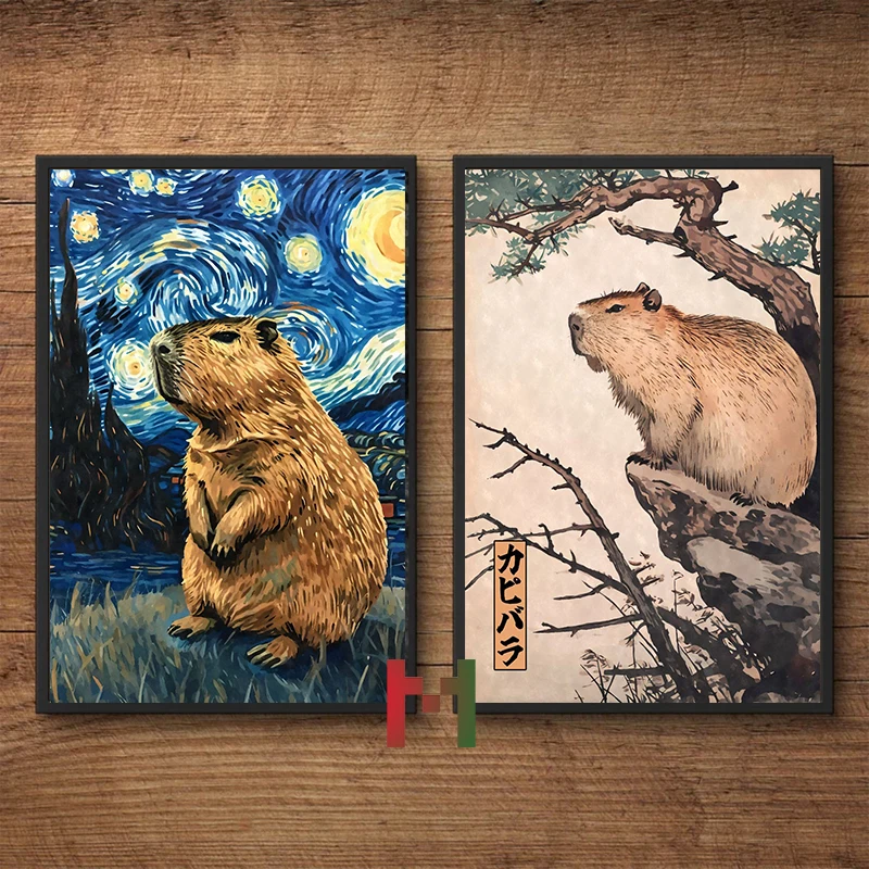 Capybara-Cute-Animal-Vintage-Painting-Poster-Canvas-Prints-Starry-Night ...