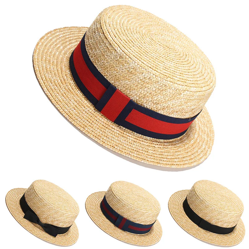 Premium Wheat Straw Boater Hat Women, Wide Brim Natural Handwoven Sun ...