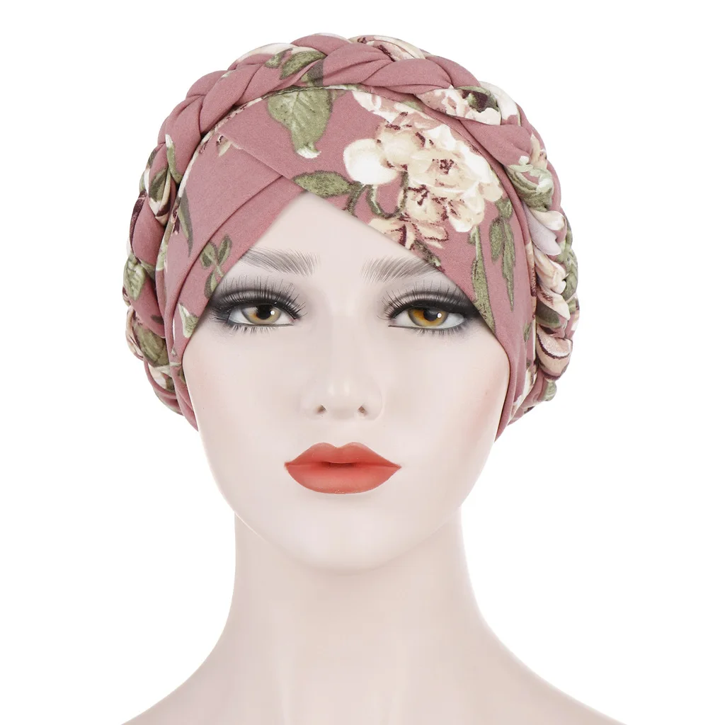 Braid Hijabs for Women Cross Forehead Floral Print Muslim Woman Turban ...