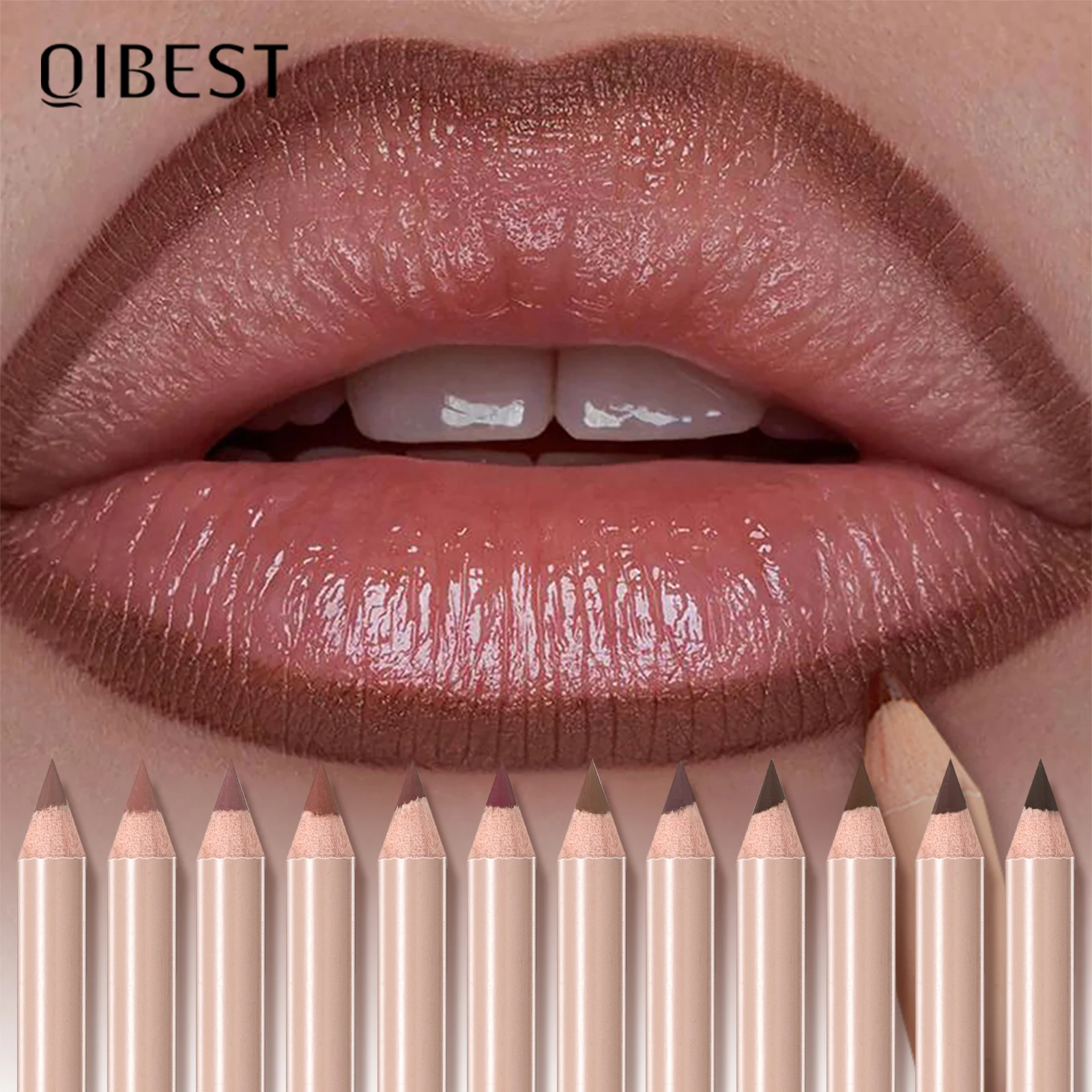 QIBEST 12-Color Natural Wood Matte Lipstick & Lip Liner Set Nude Long ...