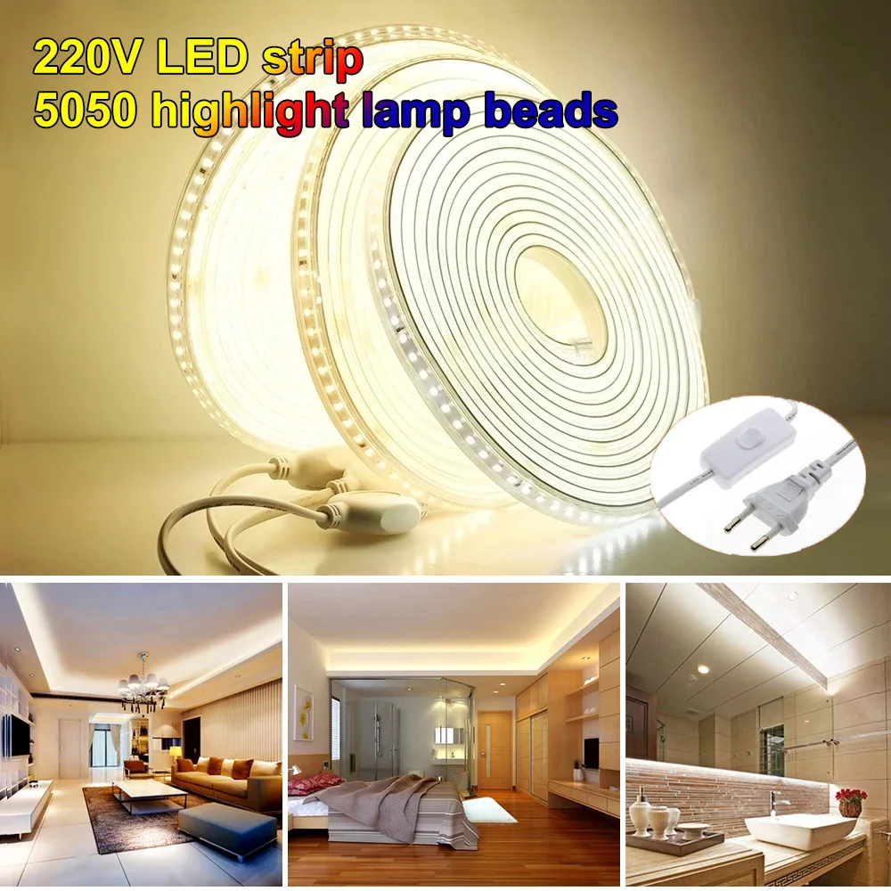 LED Strip 220V Waterproof Outdoor Decor High Brightness SMD 5050 ...