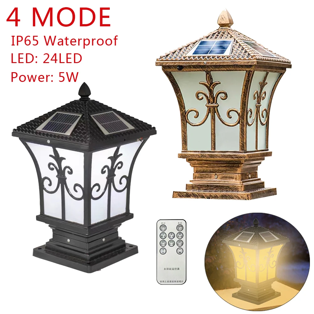 Solar Pillar Light Retro Lantern Lamp 4 Led Modes Outdoor Column Light ...