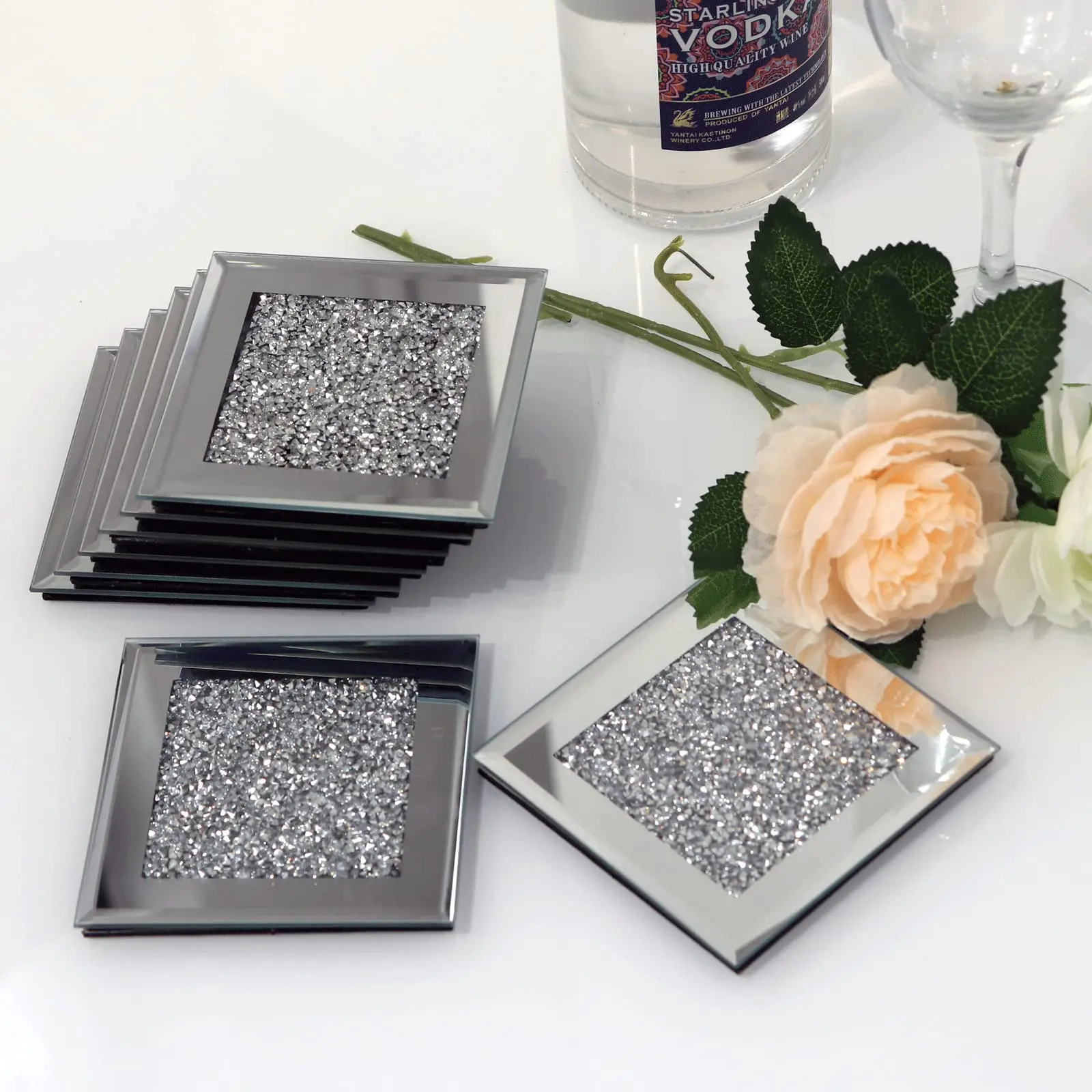 6Pcs Square Glass Mirrored Coaster Bling Diamond 4 Inch Crystal ...