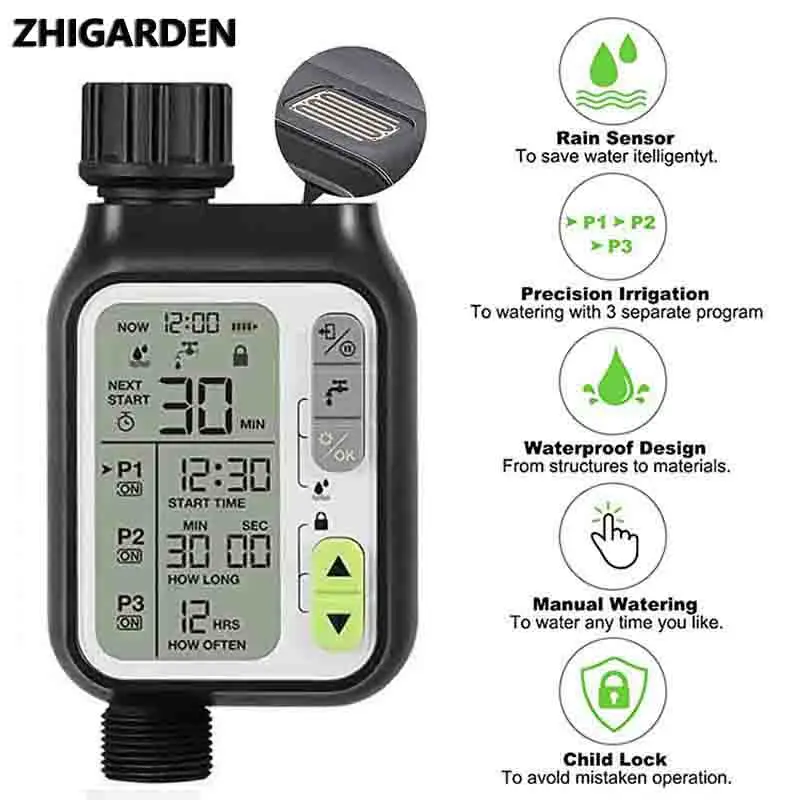 Automatic IRRIG System Garden Water Timer With Rain Sensor 3 Separate ...