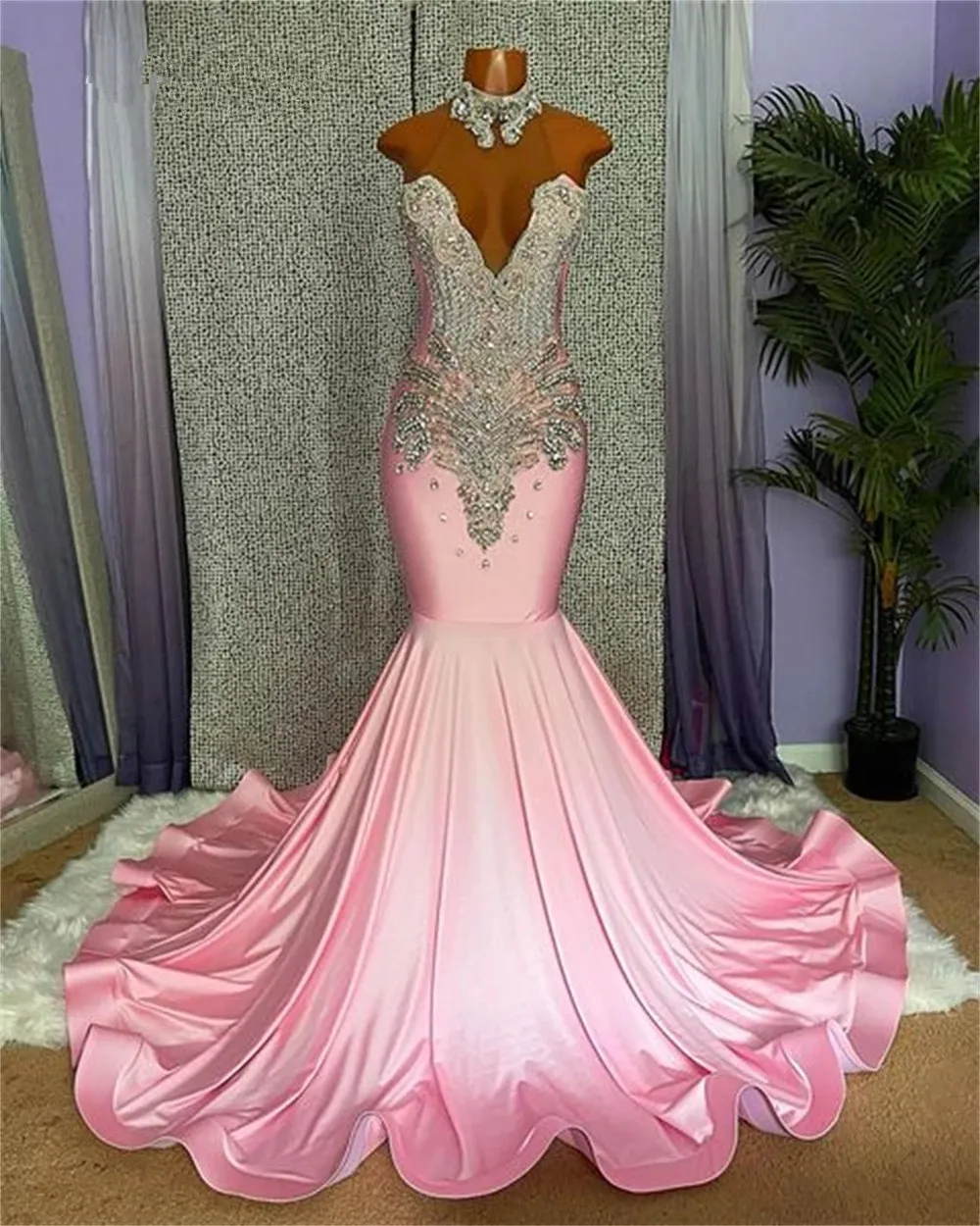 Luxury-South-African-Prom-Dresses-Mermaid-Halter-Beaded-Pink-Black ...