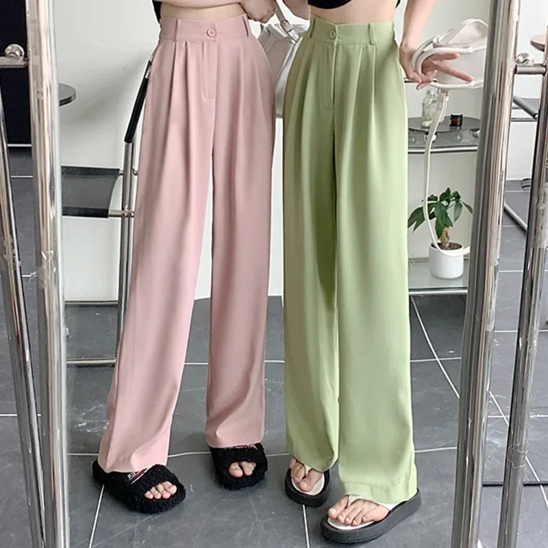 High-Waisted-Trousers-Female-Pink-Green-Wide-Leg-Straight-Leg-Slacks ...