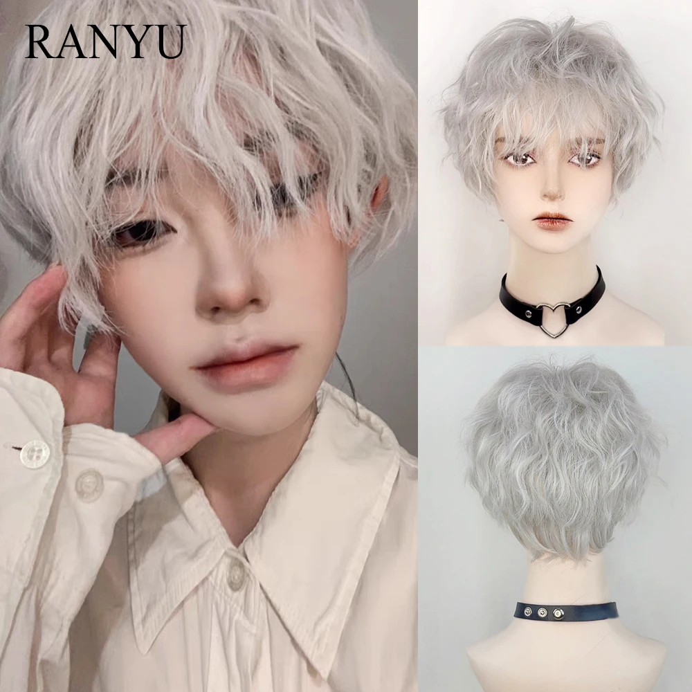RANYU-Anime-Cosplay-White-Gray-Short-Synthetic-Curly-Wig-with-Bangs ...